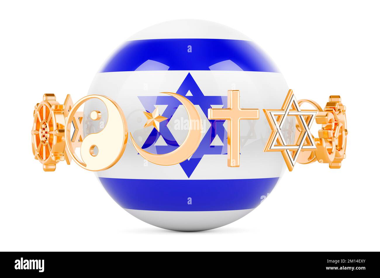 Israeli flag painted on sphere with religions symbols around, 3D ...