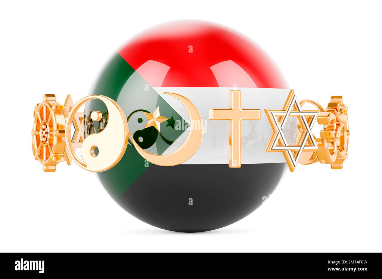 Sudanese flag painted on sphere with religions symbols around, 3D ...