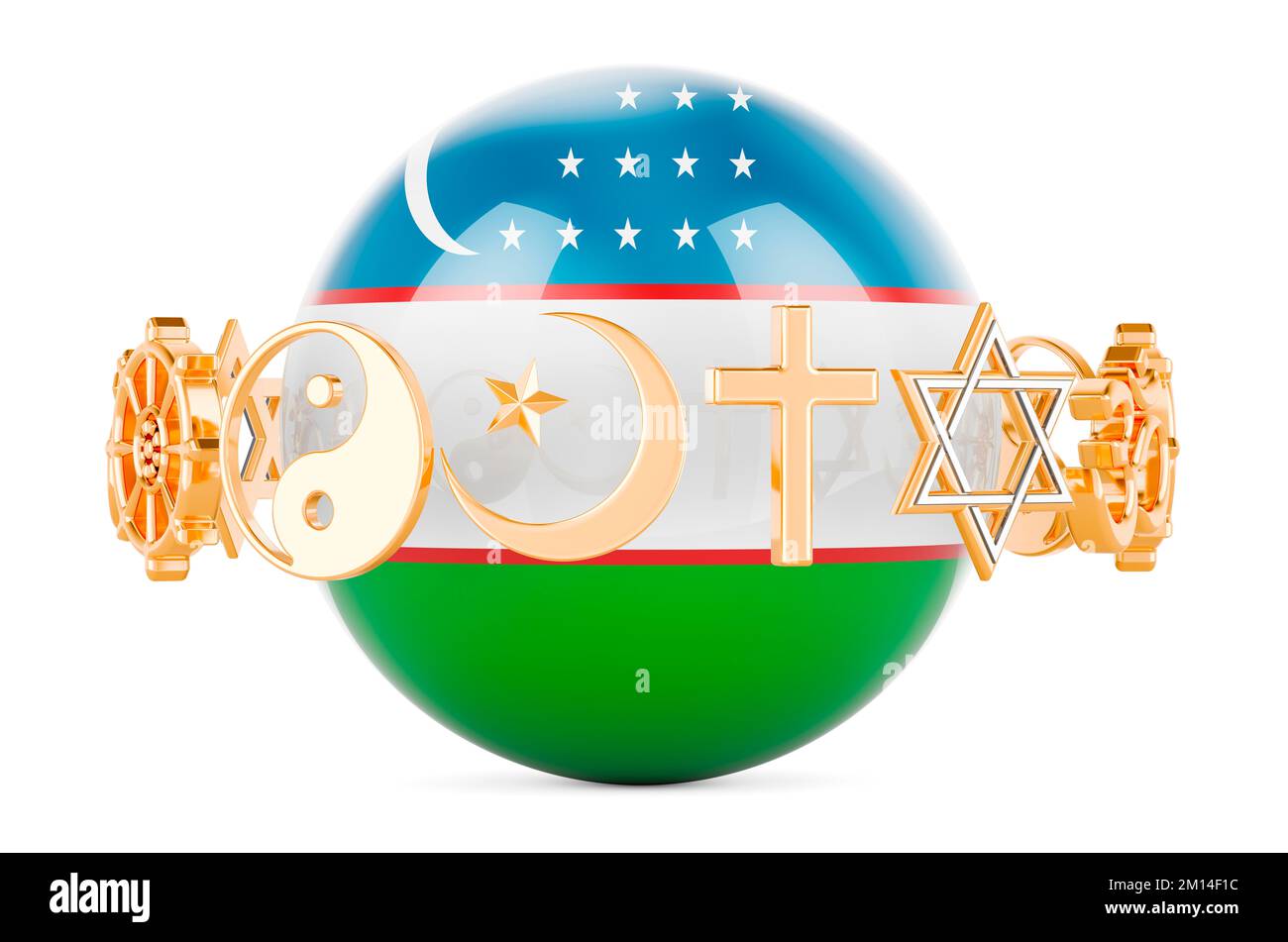 Uzbek flag painted on sphere with religions symbols around, 3D ...
