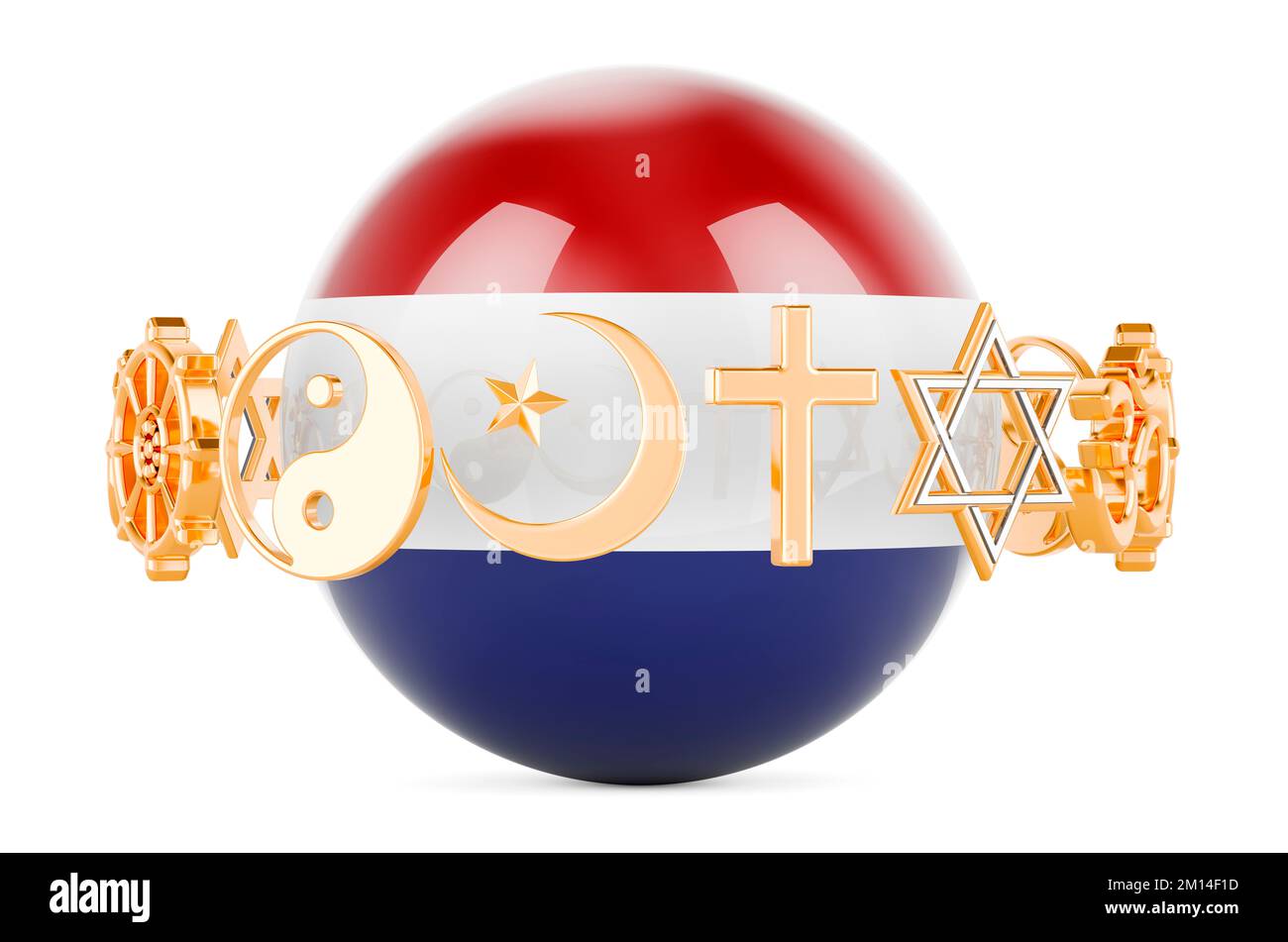 The Netherlands flag painted on sphere with religions symbols around ...