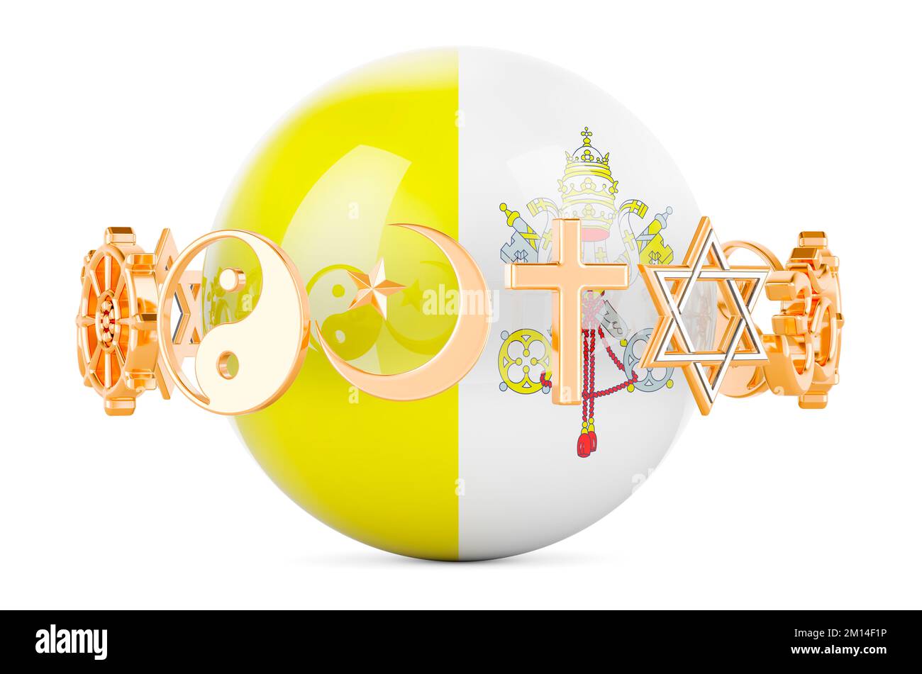 Vatican flag painted on sphere with religions symbols around, 3D ...