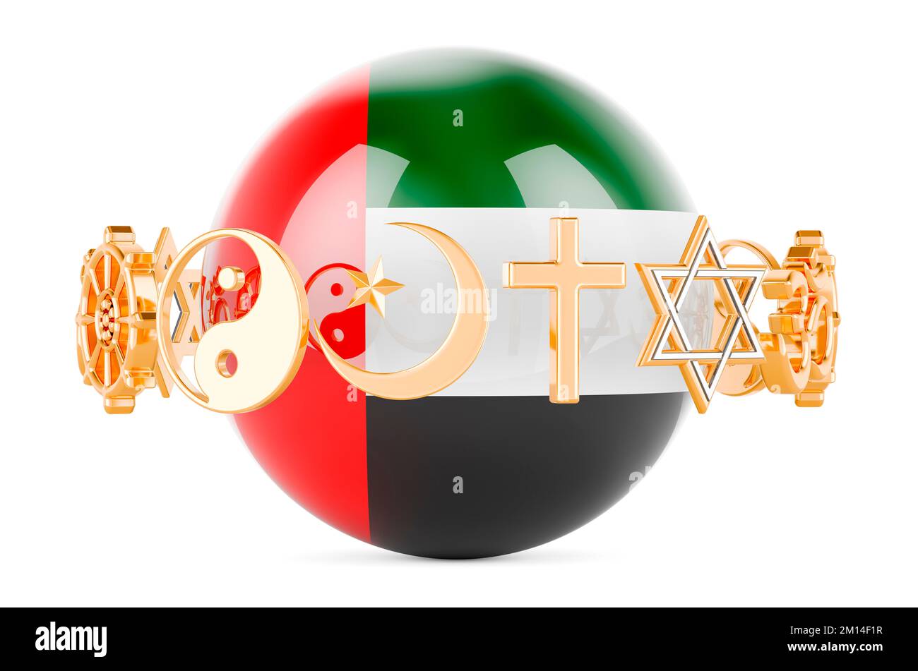 The United Arab Emirates flag painted on sphere with religions symbols ...