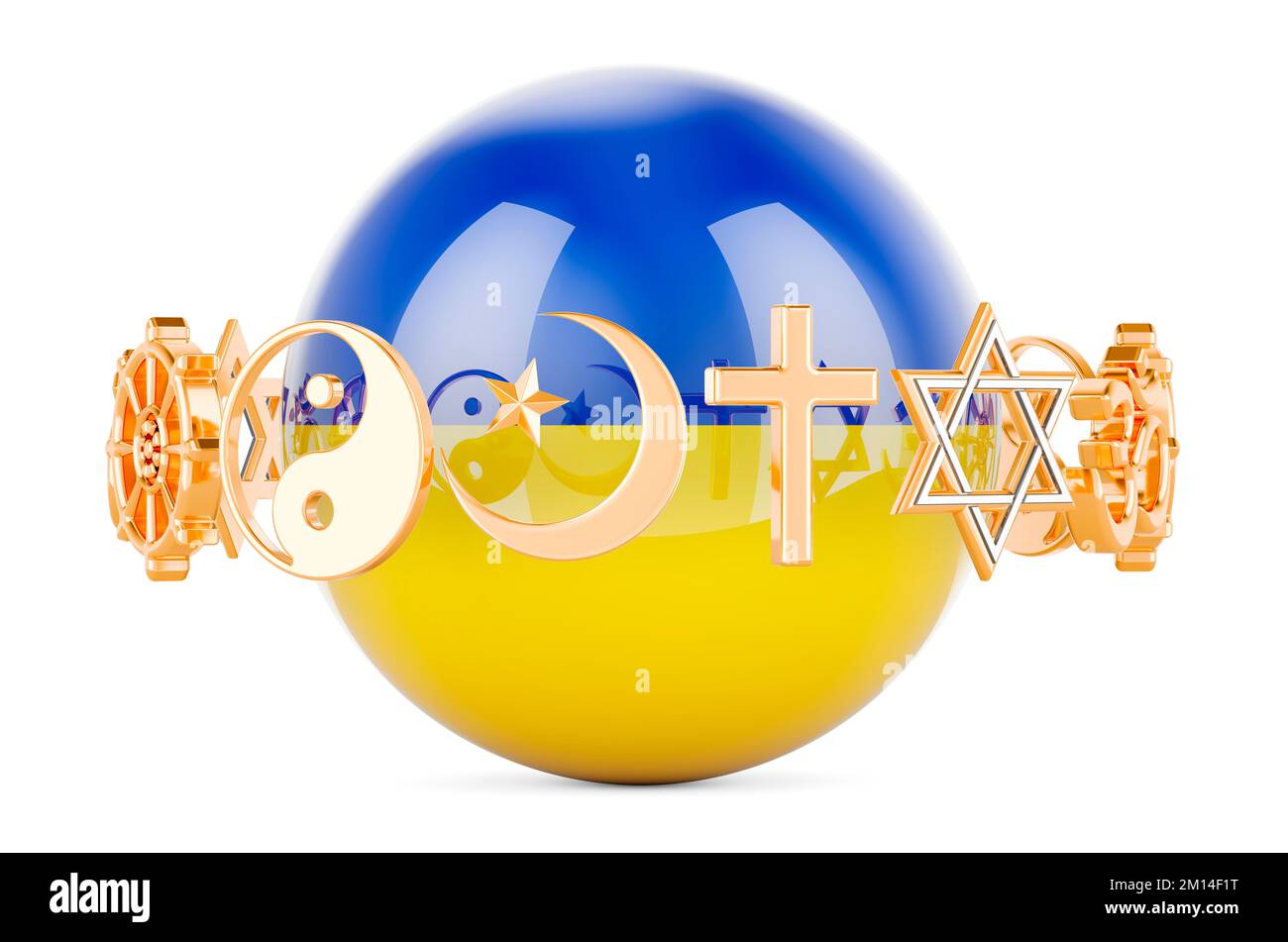 Ukrainian flag painted on sphere with religions symbols around, 3D ...