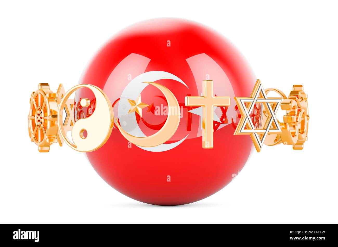 Turkish flag painted on sphere with religions symbols around, 3D ...