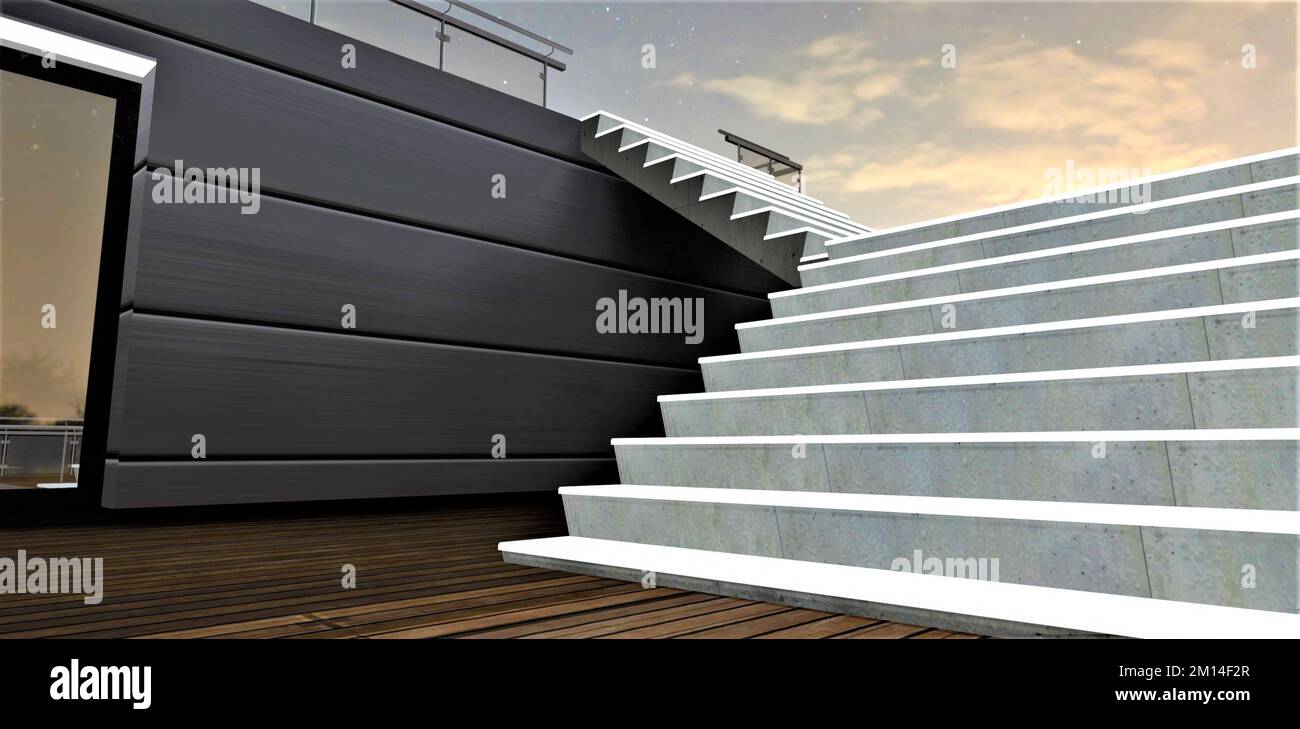 A staircase with a luminous tread against the background of a starry ...