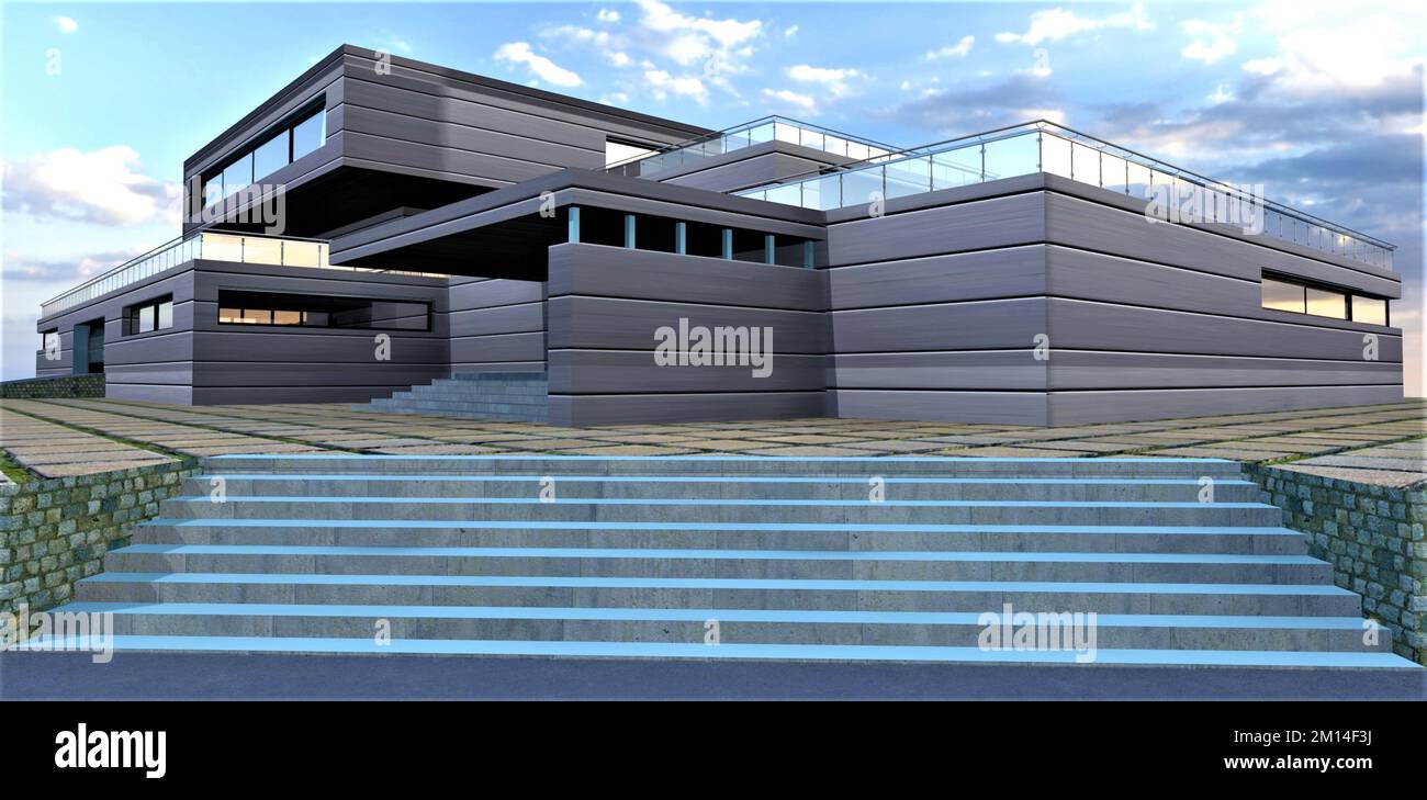 Wide massive concrete stairs up to the blind area around contemporary ...