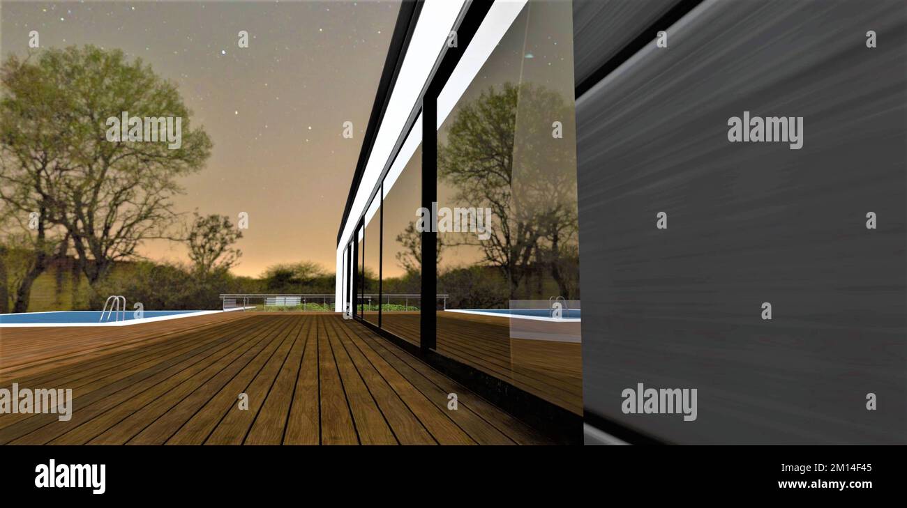 Roof deck board with pool in exclusive club hotel at night. Large ...
