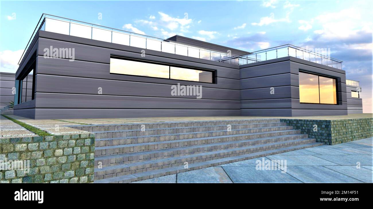 SIde view of the contemporary technological house finished with metal ...