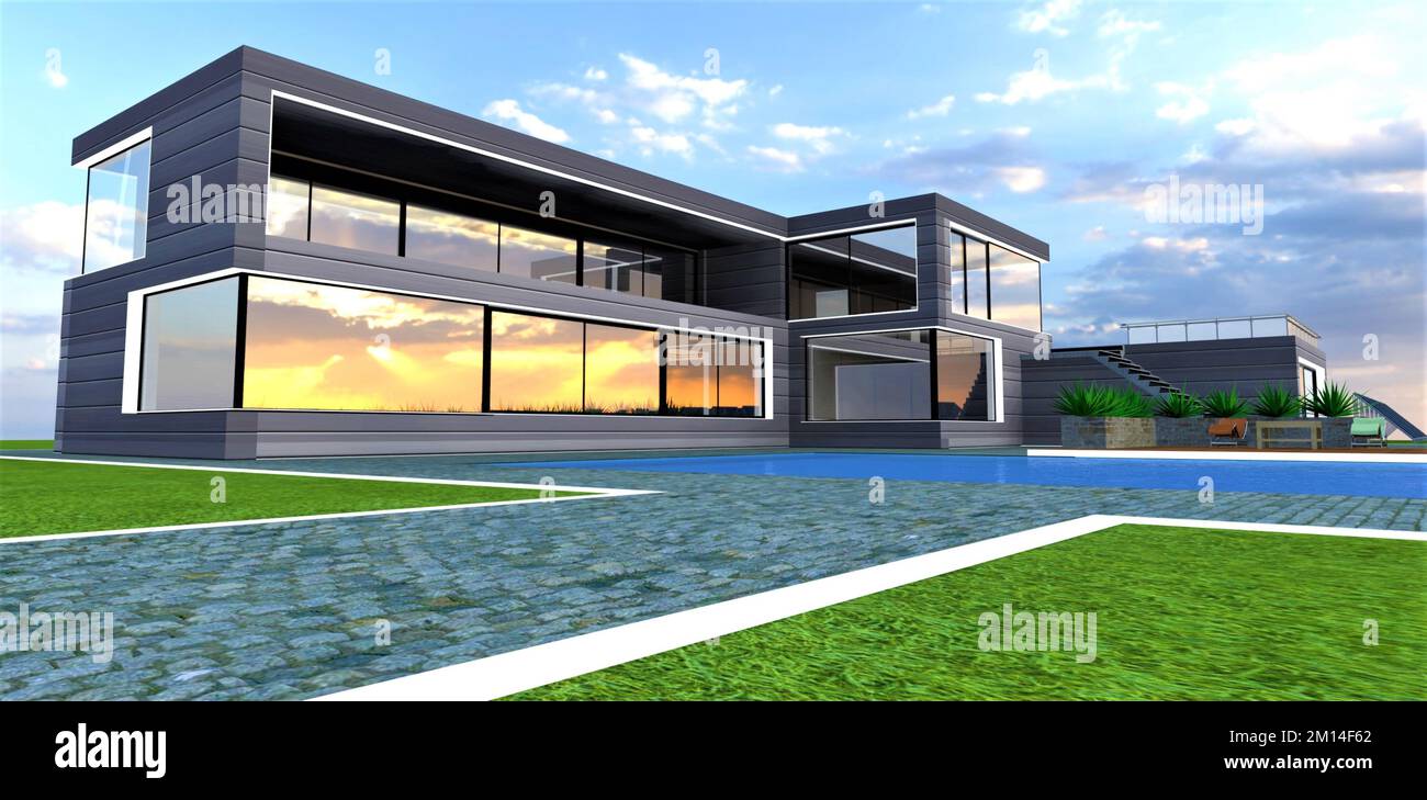 Exclusive desighn contemporary house with white day lights. Blue pool ...