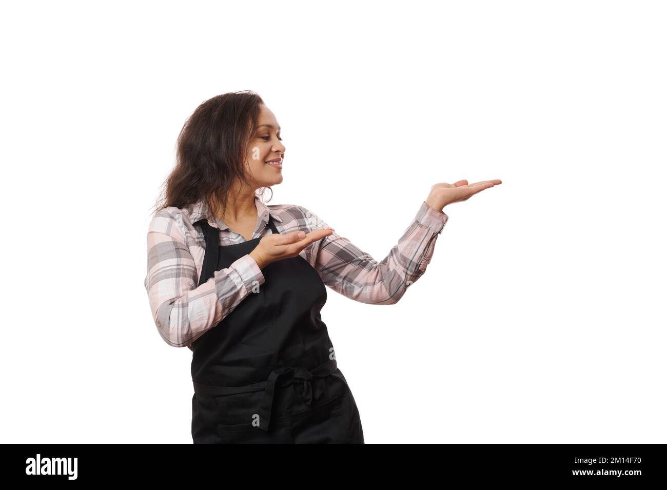 Cheerful Latin American waitress, barmaid, female bartender wearing ...