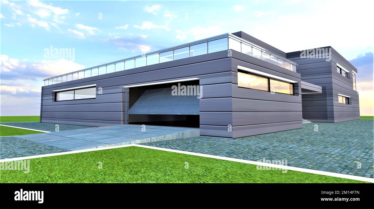 Contemporary design warehouse constructed with metal parts. Entrance ...