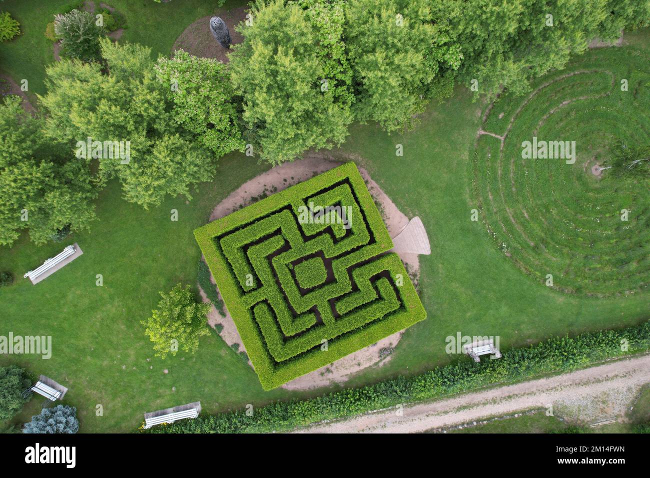 An aerial view of a labyrinth in a botanical garden in the Czech ...