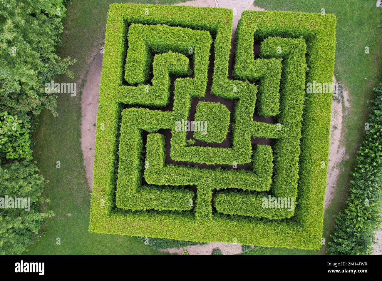 An aerial view of a labyrinth in a botanical garden in the Czech ...