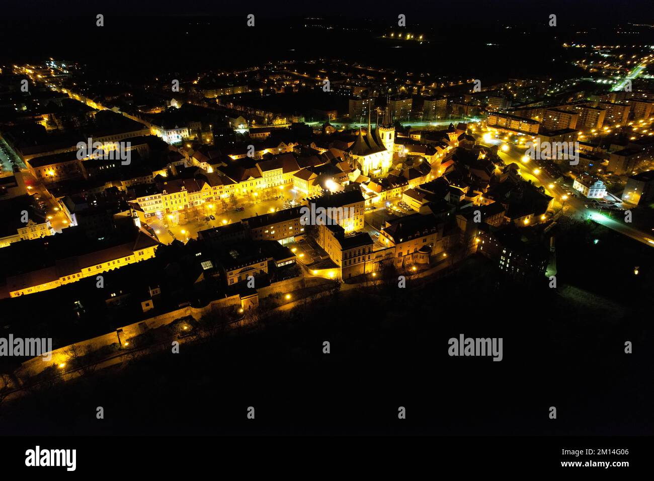 A bird's eye view of Louny city illuminated at night in Czech Republic ...