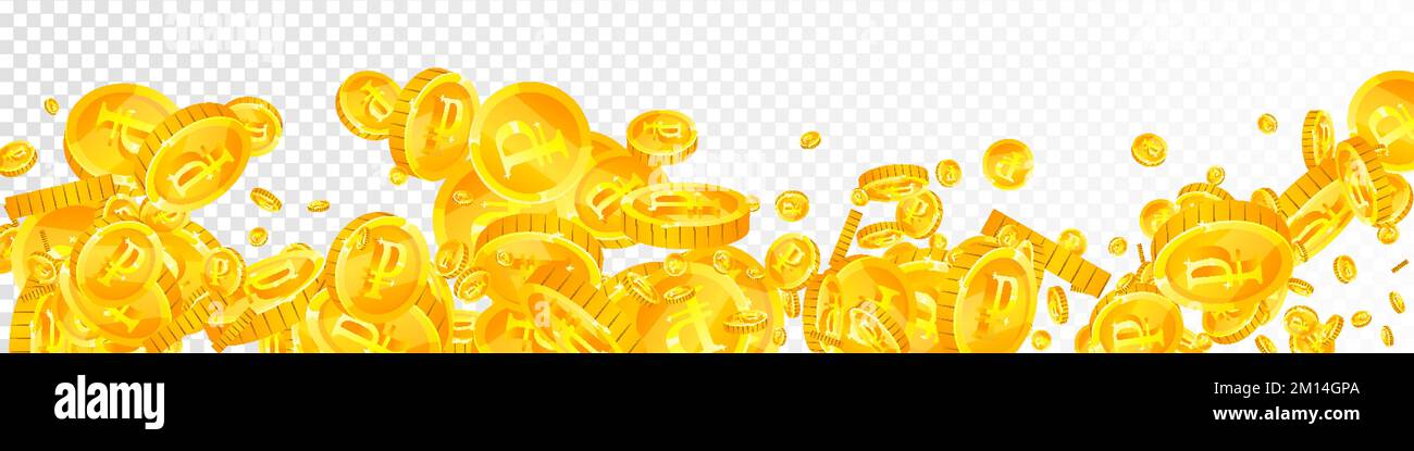 Russian ruble coins falling. Scattered gold RUB coins. Russia money ...