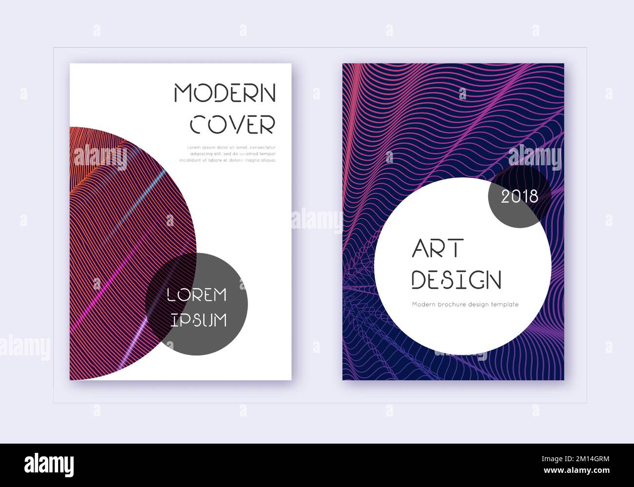 Trendy cover design template set. Violet abstract lines on dark ...