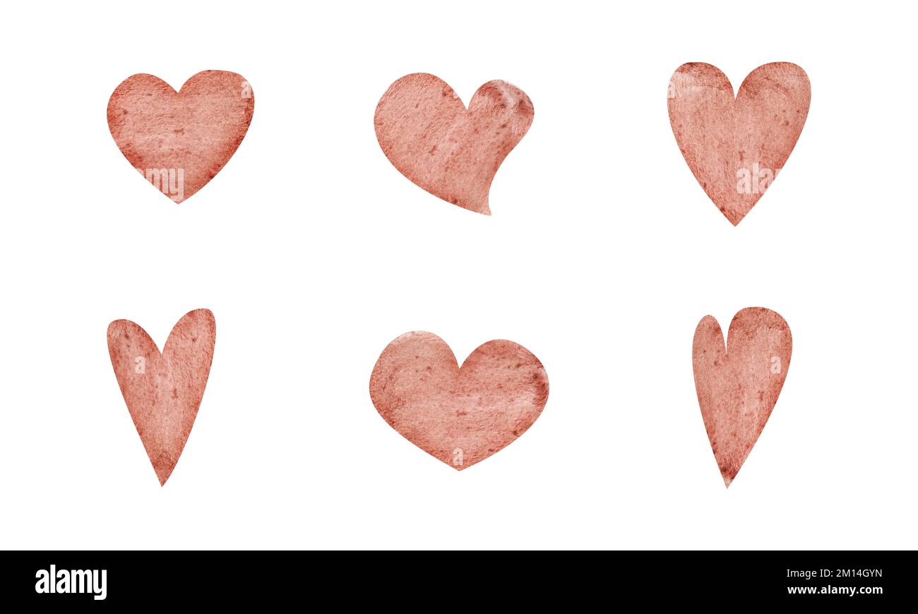 Watercolor hand drawn set of objects, textured beige hearts for ...
