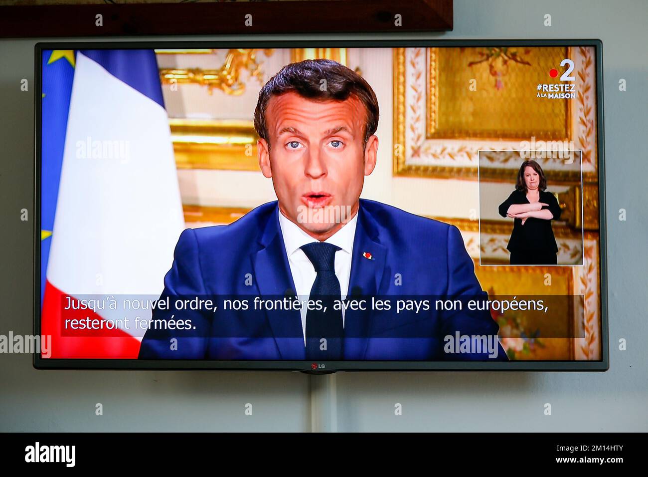 PARIS, FRANCE - APRIL 12, 2020. Emmanuel Macron, President, talking ...