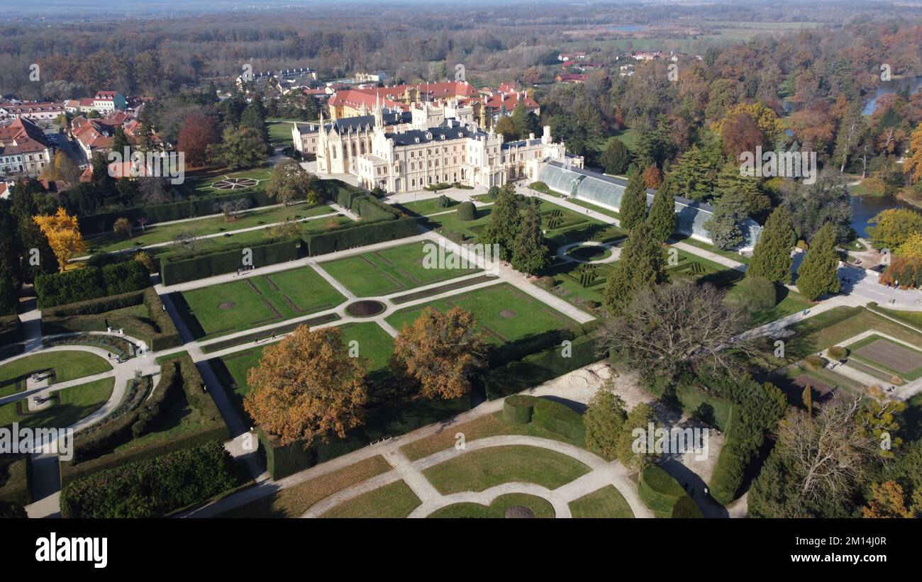 An aerial shot of the Fairytale Castle in Lednice, Czech Republic Stock ...