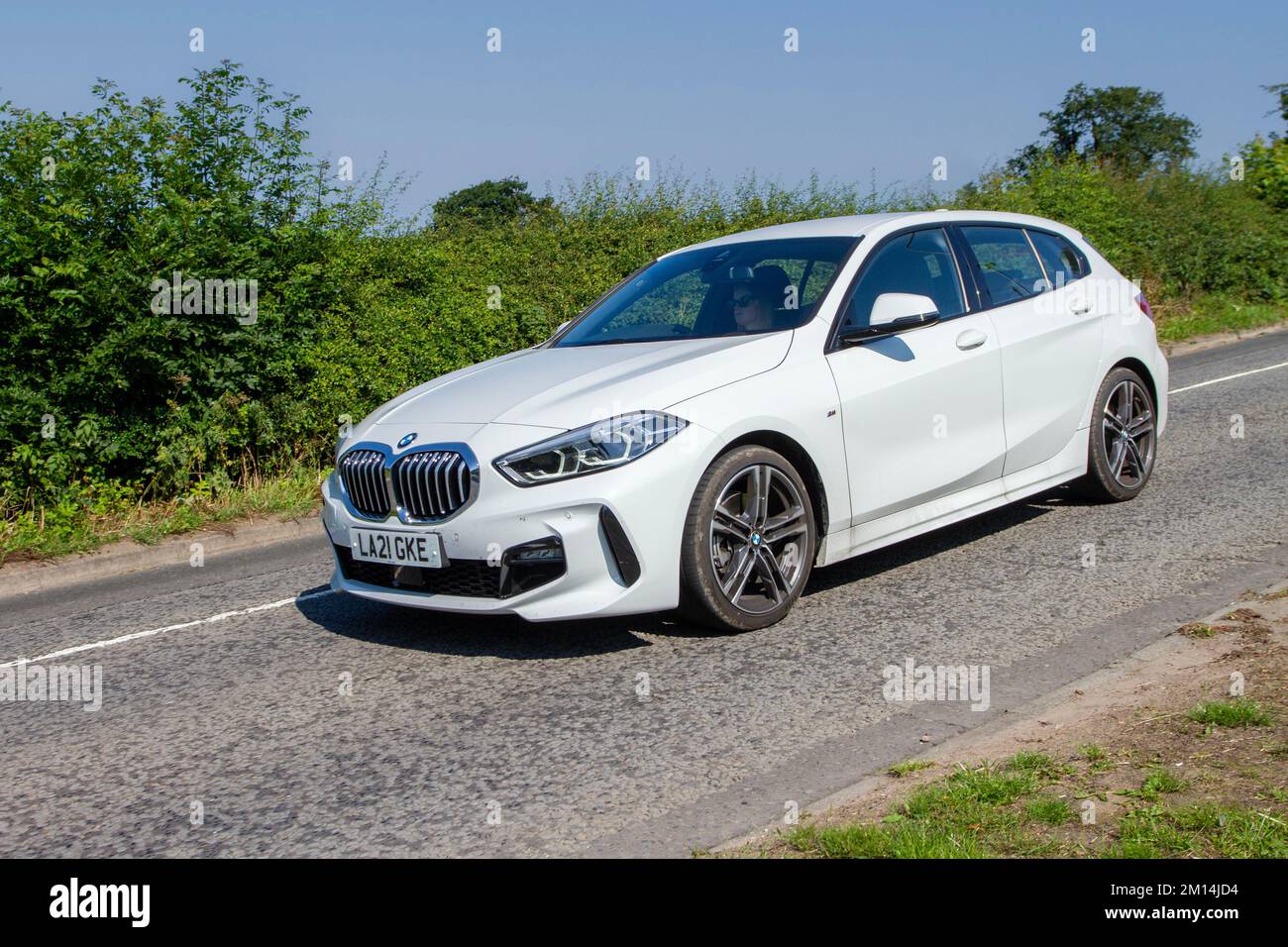 2021 White BMW 118I M Sport, 1.5 136 Start Stop petrol hatchback; en-route to Capesthorne Hall ...
