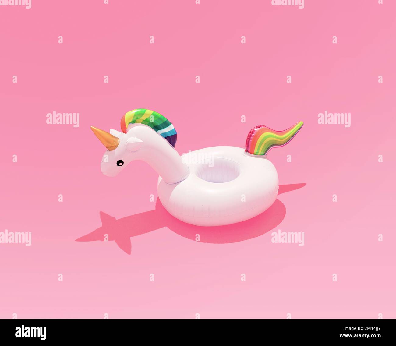 A 3D of an inflatable unicorn pool toy on a pastel pink background ...