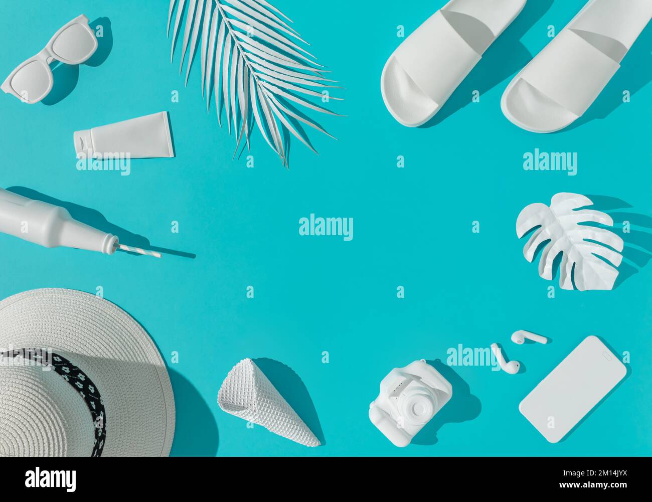 A 3D of various summer objects on a pastel blue background ...