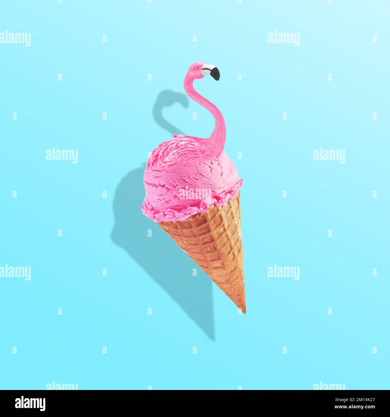A 3D pink flamingo in ice cream waffle cone on a pastel blue background ...