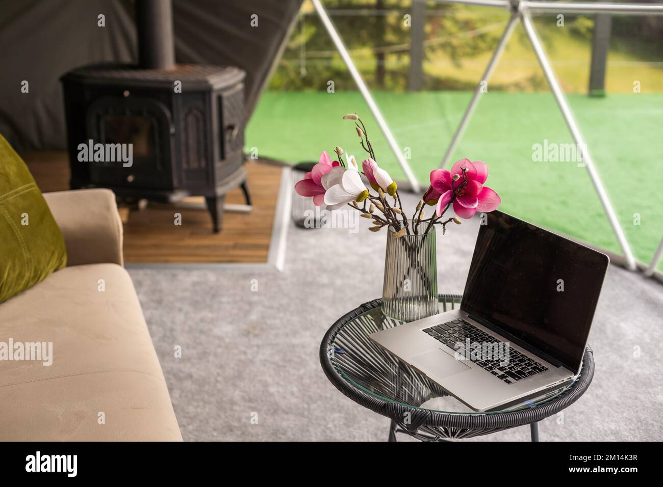 laptop in the dome camping, hygge, lifestyle concept Stock Photo - Alamy