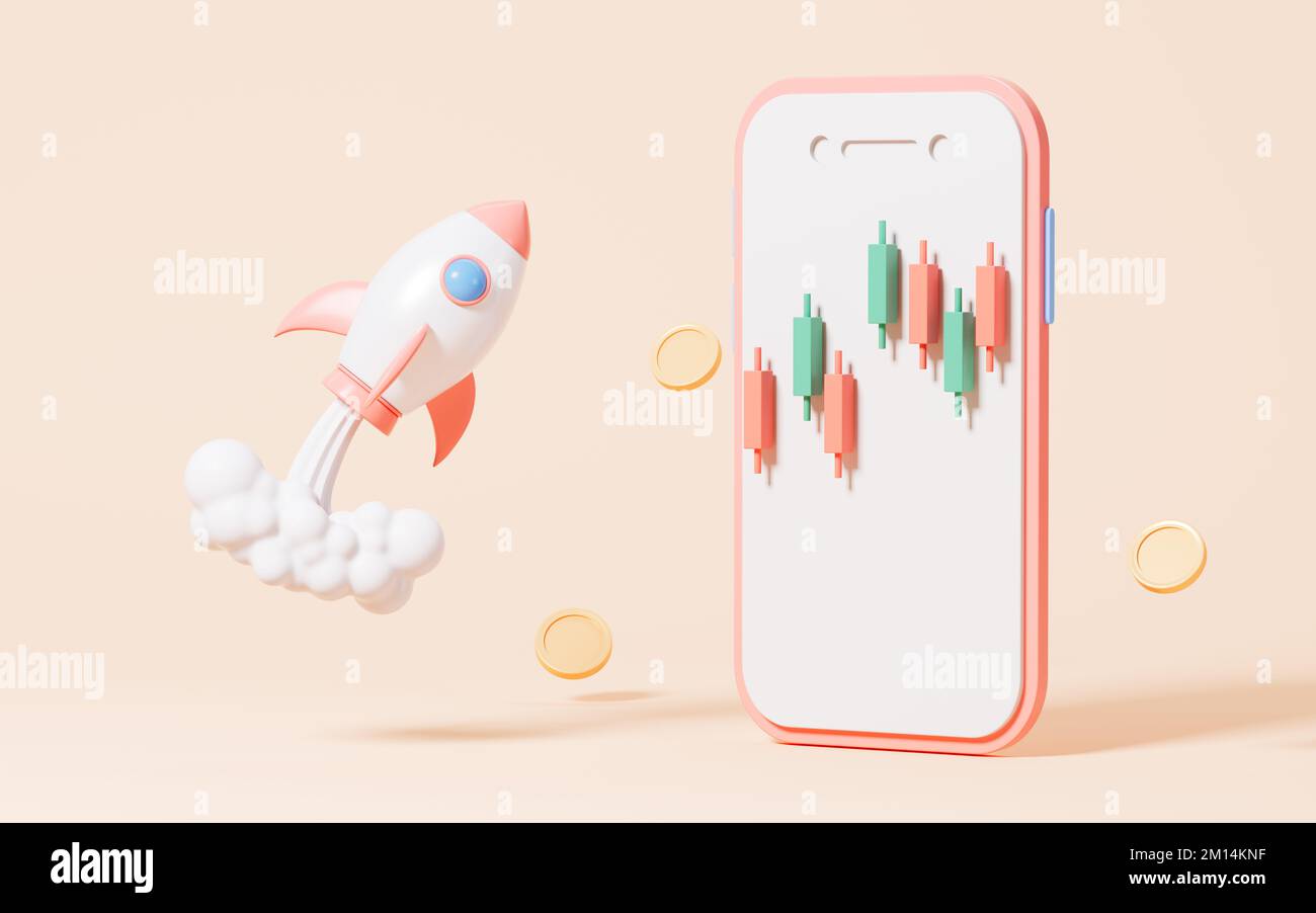 Flying up rocket and stocks in the pink background, Business startup ...