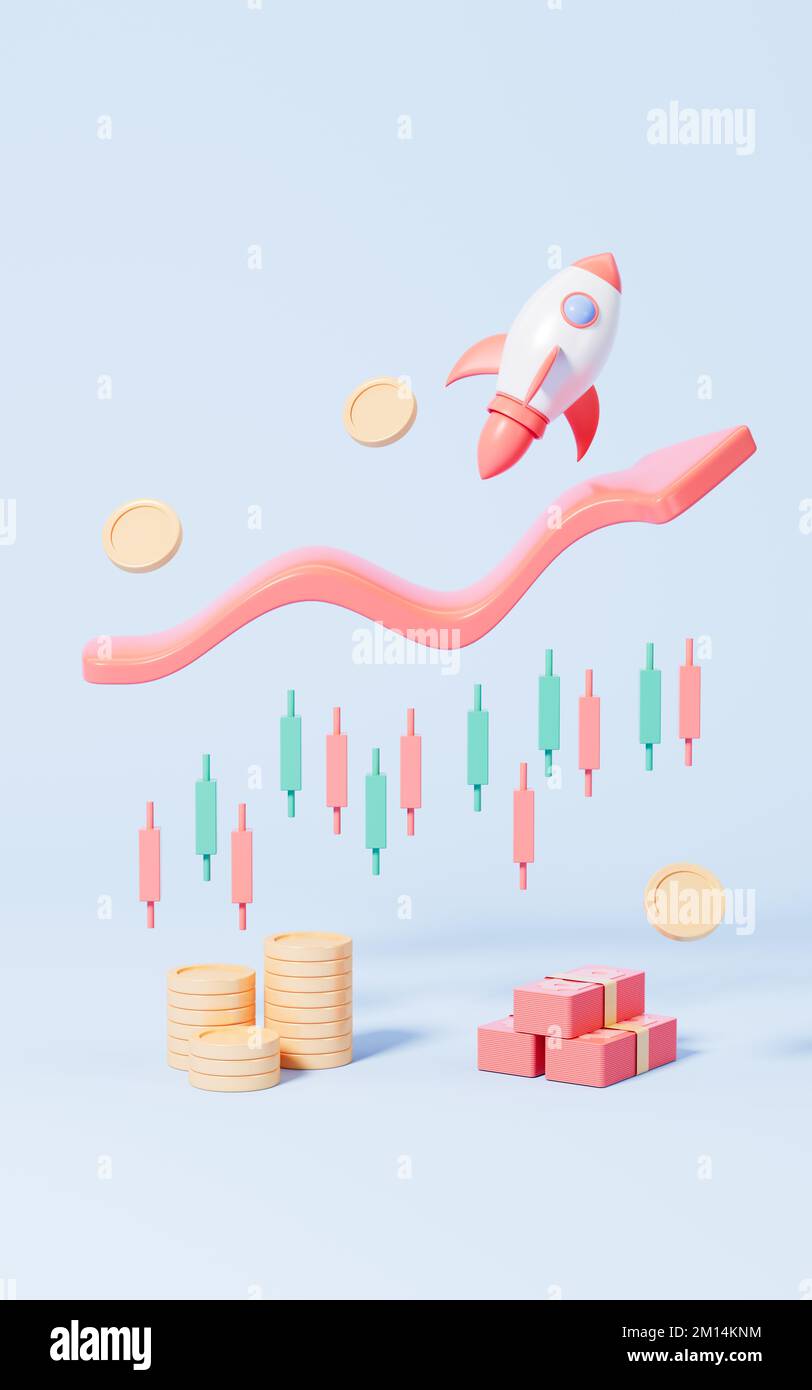 Flying up rocket and stocks in the blue background, Business startup ...