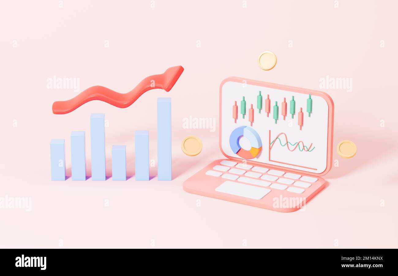Stocks and statistical chart with laptop in the pink background, 3d ...