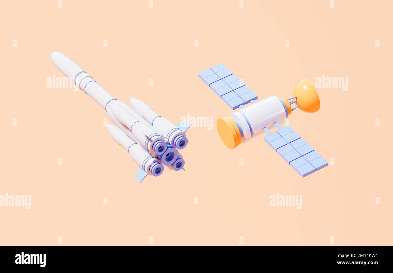 Rocket and satellite in the yellow background, 3d rendering. Digital ...