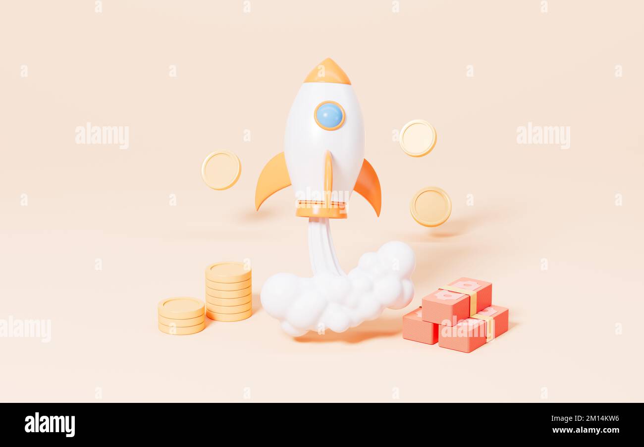 Flying up rocket and cash in the yellow background, 3d rendering ...