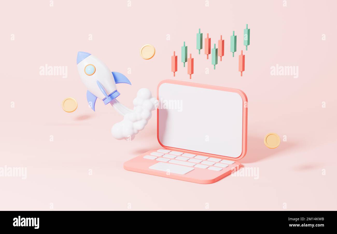 Flying up rocket and stocks in the pink background, Business startup ...