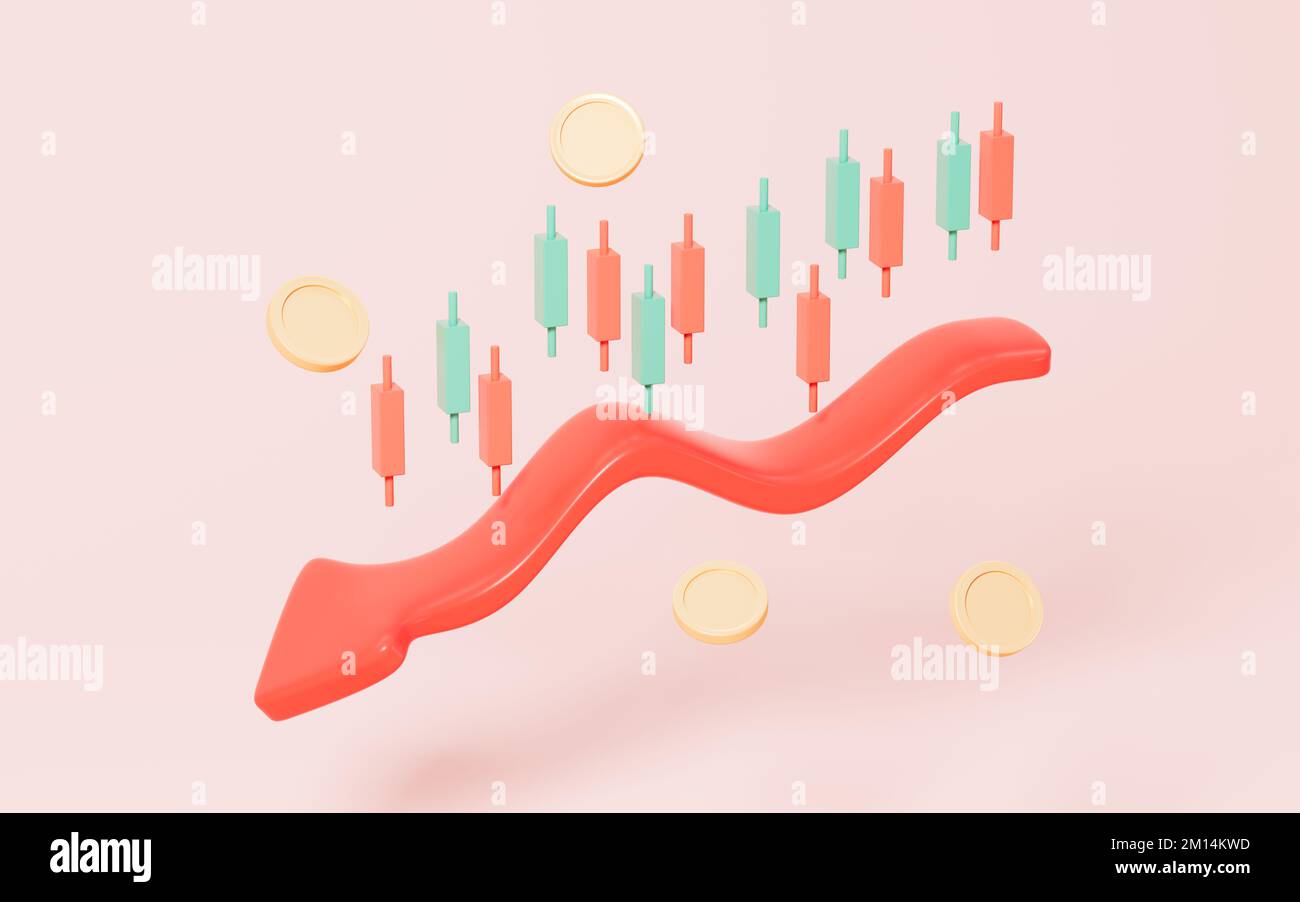 Declining stock market and descent arrow in the pink background, 3d ...