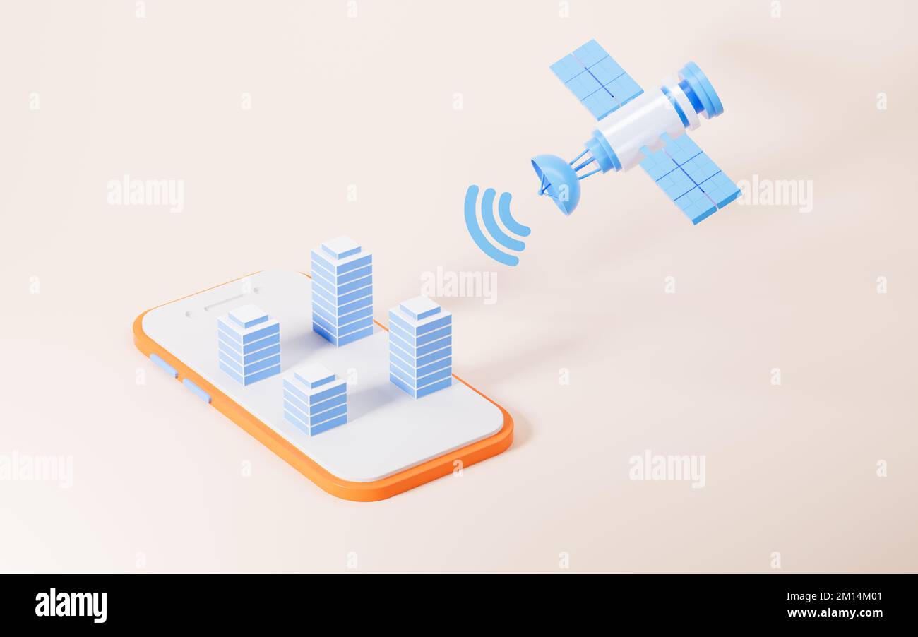 Cartoon satellite and mobile phone, signal transmission and ...