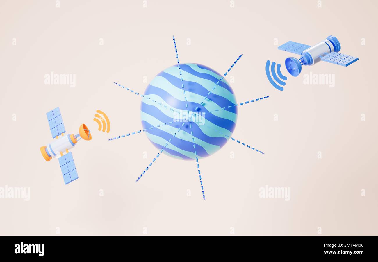 Cartoon planets and satellite in the yellow background, 3d rendering ...