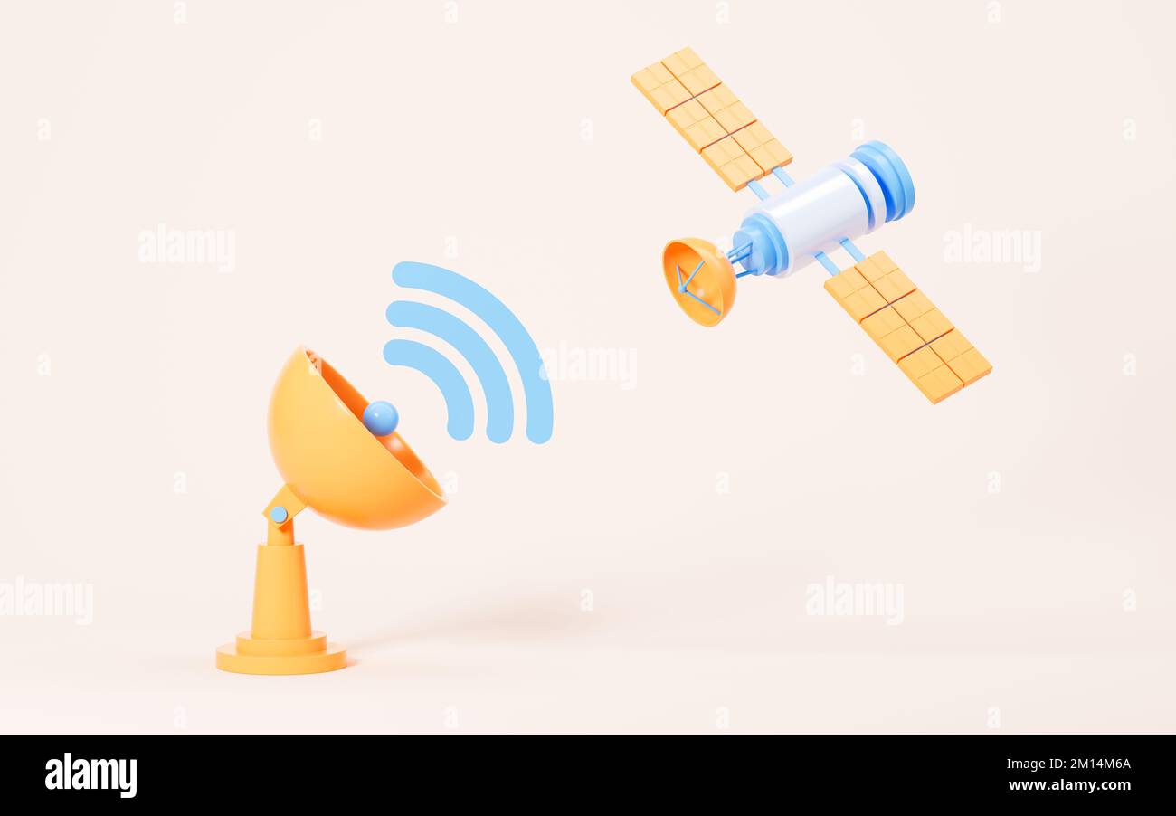 Cartoon satellite and receiver in the yellow background, 3d rendering ...