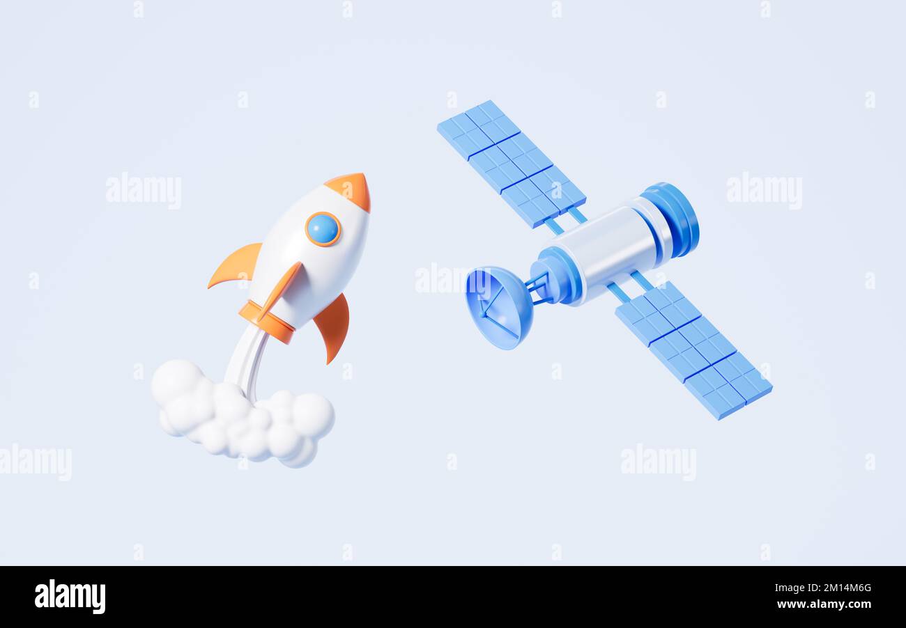 Cartoon rocket and satellite in the blue background, 3d rendering ...