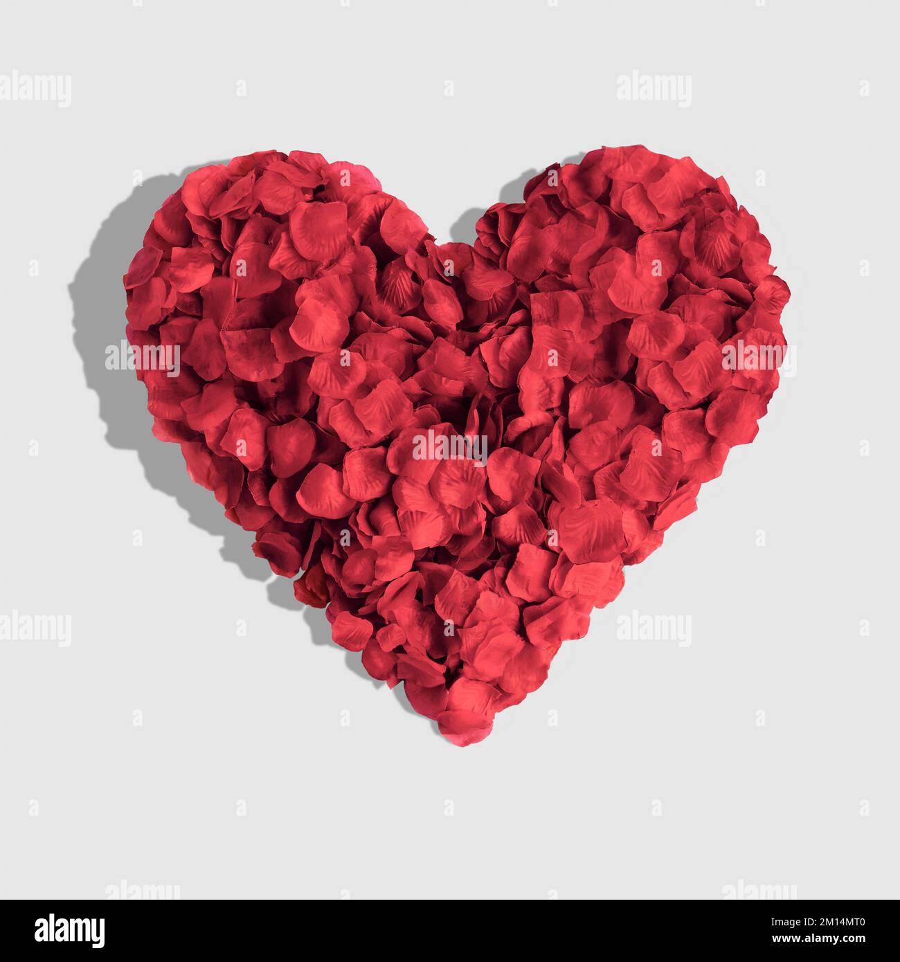 A red heart made of rose flower petals on the white background ...
