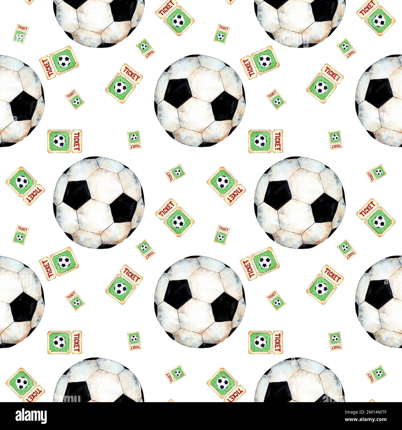 Watercolor illustration pattern of soccer ball and ticket. Sports ...