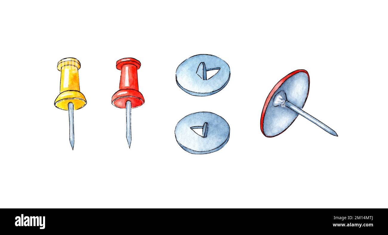 Set of watercolor illustrations of push pins. Collection of office ...