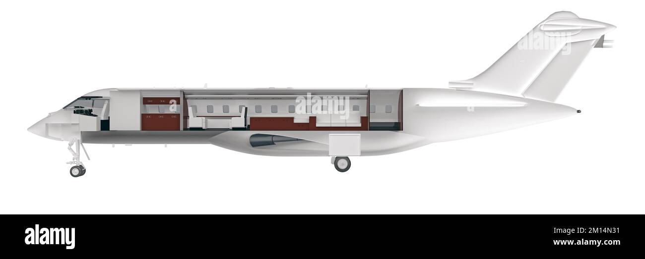 private jet cutaway sectional side view isolated on white. 3d rendering ...