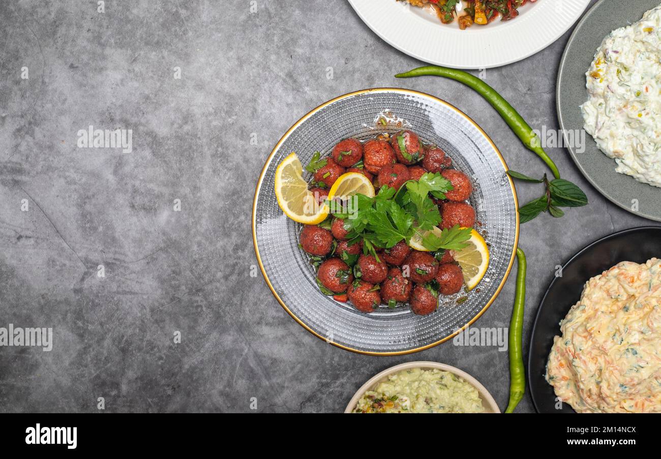 Top view traditional Turkish and Greek dinner appetizer table ...
