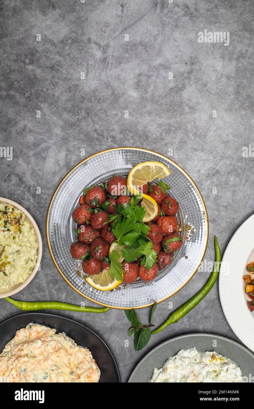 Top view traditional Turkish and Greek dinner appetizer table ...