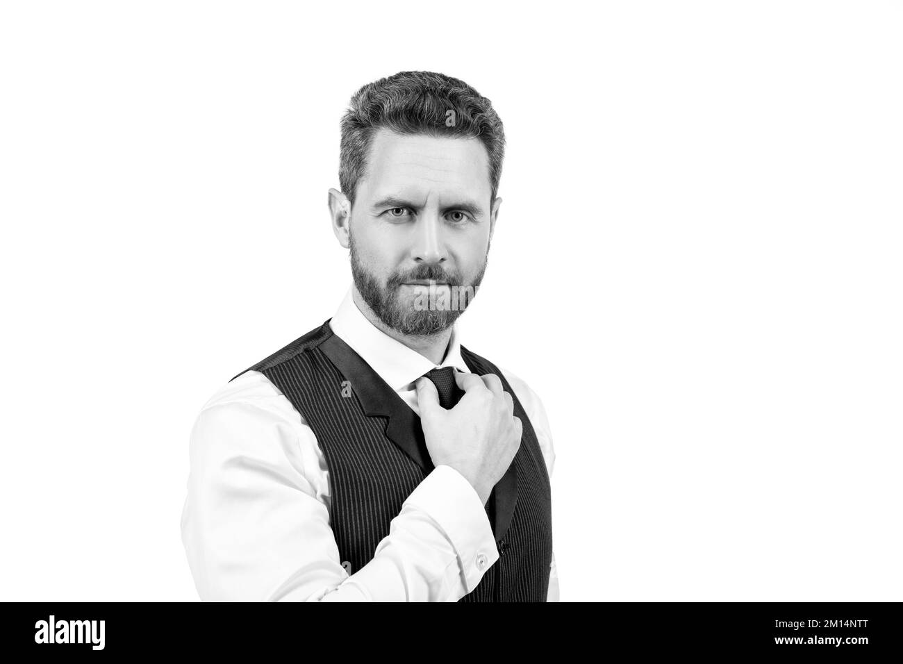 Portrait Of Smiling Mature Unshaven Guy In Formalwear Isolated On White Background Business