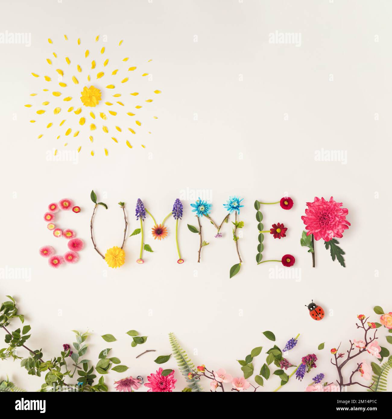 The word summer made of colorful flowers with the sun on a bright ...