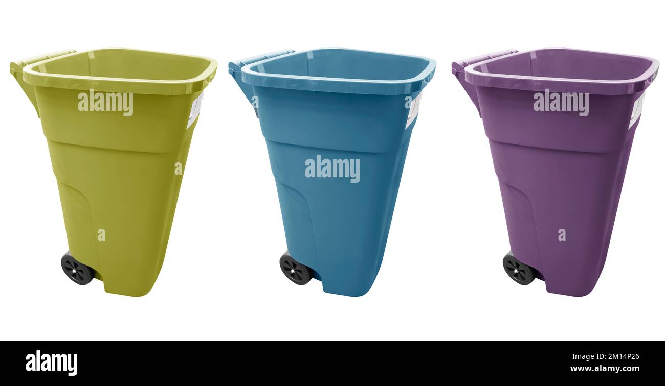 Three trash can for garbage isolated. Empty plastic bin or garbage ...