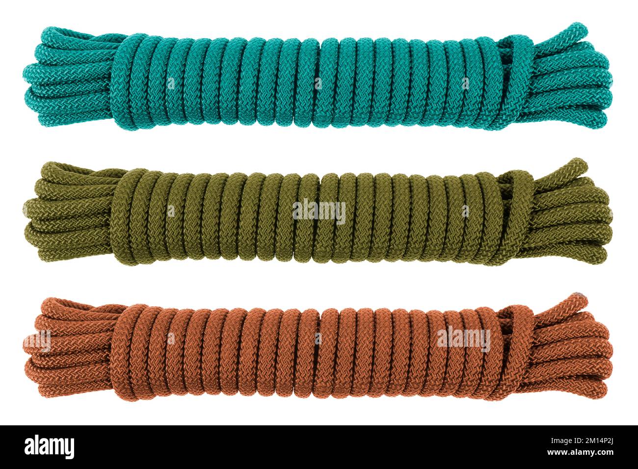Three coiled nylon rope isolated on white background. Striped nylon ...
