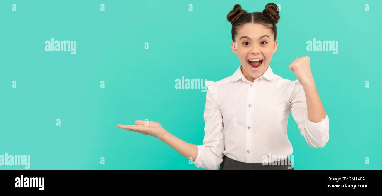 Happy tween give yes gesture showing open hand. Back to school sale ...